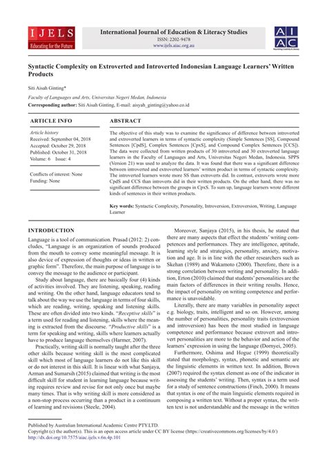 Pdf Syntactic Complexity On Extroverted And Introverted Indonesian