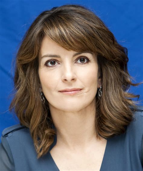 Tina Fey Medium Wavy Brunette Bob Haircut With Side Swept Bangs And Blonde Highlights