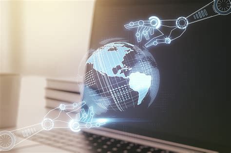 현대 컴퓨터 배경 인공 지능 및 기계 학습 개념에 세계와 창조적 인 추상 로봇 기술 홀로그램 다중 노출 0명에 대한 스톡 사진 및 기타 이미지 Istock