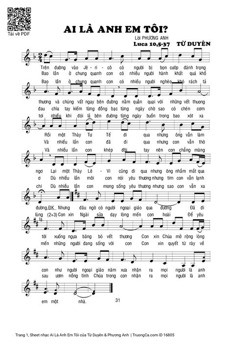 Sheet Ai Là Anh Em Tôi PDF Từ Duyên Phương Anh lời hợp âm nốt nhạc