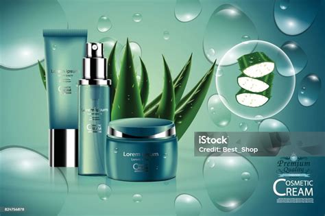 럭셔리 화장품 병 패키지 스킨 케어 크림 알로에 베라 로션 얼굴 젤 뷰티 화장품 제품 포스터 Bokeh와 물 드롭 배경 3차원 형태에 대한 스톡 벡터 아트 및 기타 이미지
