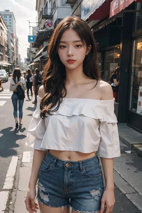 A Woman Standing On A Street Corner In A White Top And Denim Shorts