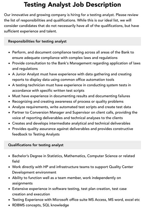 Testing Analyst Job Description Velvet Jobs