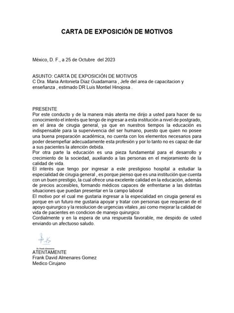 Carta De Exposicion De Motivos Pdf