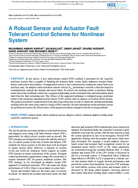 Pdf A Robust Sensor And Actuator Fault Tolerant Control Scheme For Nonlinear System Umair