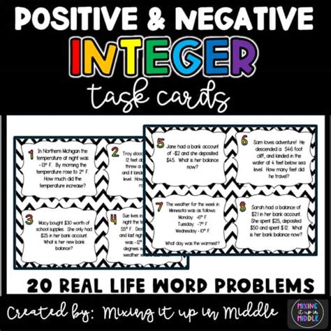 Positive Negative Integer Word Problem Task Cards For Math Practice