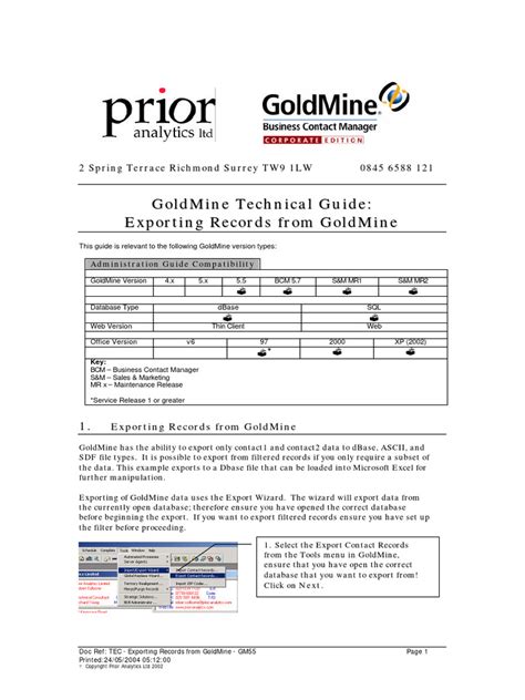 Goldmine Dt Exporting To Excel Goldmine55 Pdf Databases