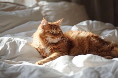 Premium Photo A Beautiful Ginger Fluffy Cat Lies On A Bed On A White
