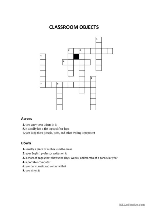 Classroom Objects Crossword English Esl Worksheets Pdf And Doc