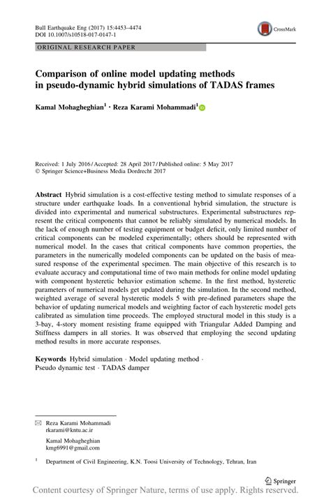 Comparison Of Online Model Updating Methods In Pseudo Dynamic Hybrid