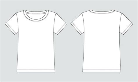 짧은 소매 T 셔츠 기술 패션 평면 스케치 벡터 일러스트 템플릿 전면 및 후면 보기 프리미엄 벡터
