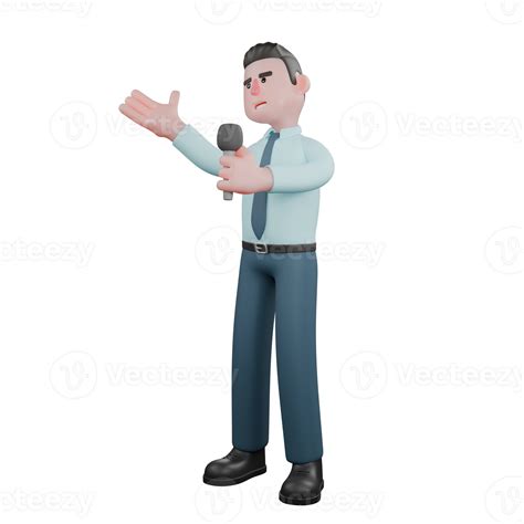 3d Cartoon Financial Analyst Character A Male Financial Analyst Stands Holding A Mic In His