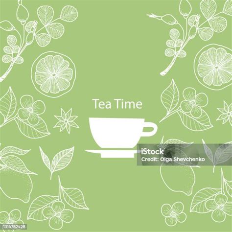 재스민 레몬 라벨 포장 및 엽서 디자인을위한 차 한 잔을 가진 허브 티 벡터 배경 로즈 힙을 곁들인 허브 티 개 장미 레몬 그라스에 대한 스톡 벡터 아트 및 기타 이미지