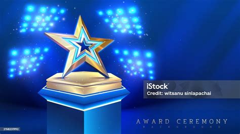 반짝이는 장식과 밝은 파란색 스포트라이트가 있는 우아한 3d 스타 디스플레이 스탠드 시상식 축하 행사 및 표창 행사에 이상적입니다 벡터 일러스트 레이 션입니다 개념에 대한