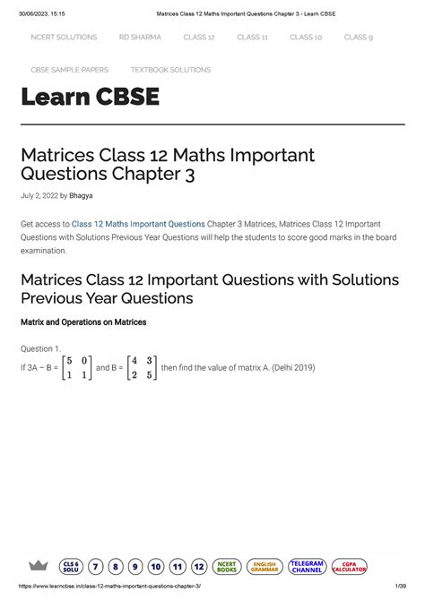 Matrices Class 12 Maths Important Questions Chapter 3 Learn Cbse