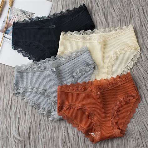 Lace Mid Waist Brief Casual Cotton Panties For Women Mid Waist Stripe