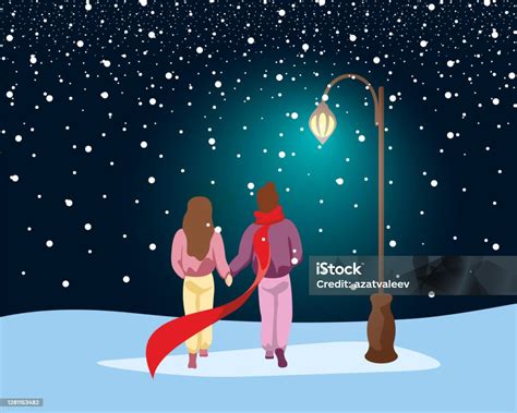 거리에서 등불이 켜진 길을 따라 눈 아래 공원에서 걷는 사랑에 빠진 커플 남성과 여성의 겨울 야외 빛나는 램프 포스트에서 낭만적 인 저녁 인간 관계 개념 벡터 일러스트레이션