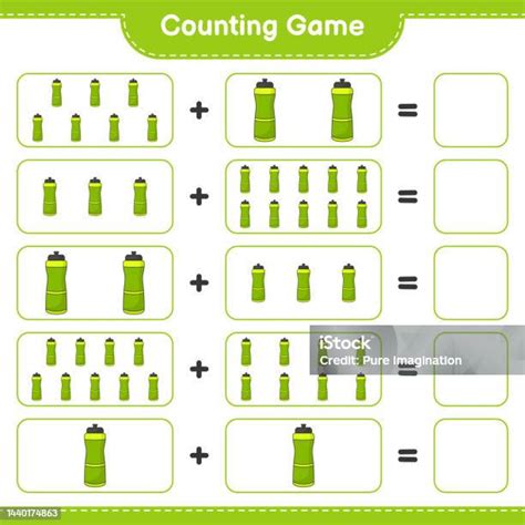 카운트와 매치 스포츠 물병의 수를 계산하고 올바른 숫자와 일치 교육 어린이 게임 인쇄 가능한 워크 시트 벡터 일러스트 레이 션 0명에 대한 스톡 벡터 아트 및 기타 이미지