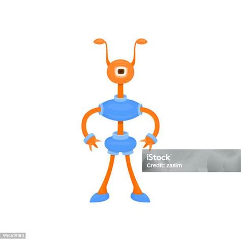 귀여운 외계 사이보그 뿔과 눈 하나입니다 어린이 파티 및 행사에 대 한 벡터 만화 그림 공포 무서움에 대한 스톡 벡터 아트 및 기타 이미지 공포 무서움 귀여운 기이함