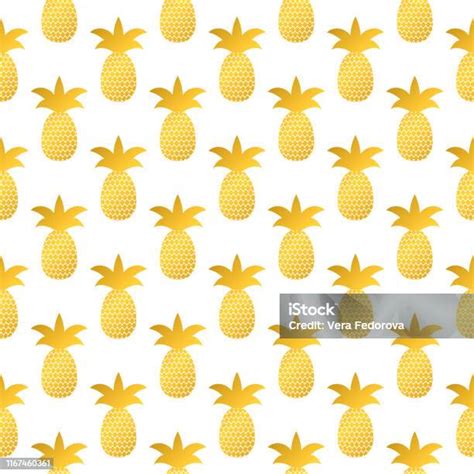 흰색 배경에 골드 파인애플이있는 원활한 패턴 황금 열대 과일 벡터 그림입니다 로고 디자인 전단지 배너 포스터 초대장 옷 등을위한 템플릿을 쉽게 편집 할 수 있습니다 금