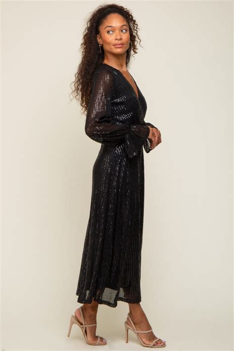 Black Sequin Long Sleeve Wrap Maxi Dress Pinkblush