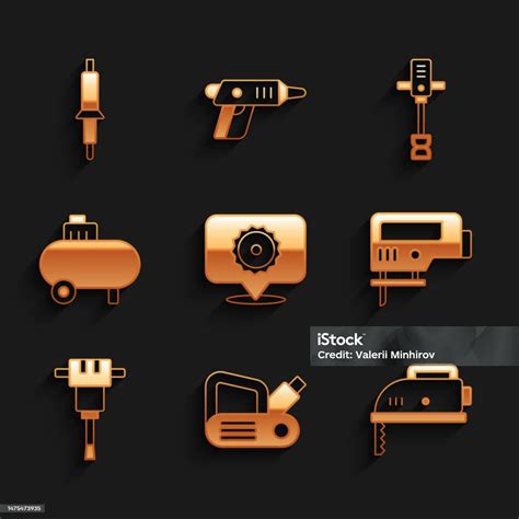 원형 톱날 전기 대패 도구 퍼즐 건설 착암기 공기 압축기 전기 손 콘크리트 믹서 및 납땜 인두 아이콘을 설정합니다 벡터 강철에 대한 스톡 벡터 아트 및 기타 이미지 Istock