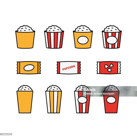 영화관 팝콘 통 최소한의 화려한 플랫 라인 스트로크 아이콘 그림 기호 그림 설정 컬렉션 가득 찬에 대한 스톡 벡터 아트 및 기타