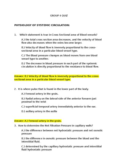 Group 4 Quiz Quiz Group 4 Quiz Physiology Of Systemic Circulation