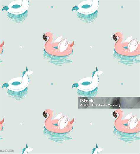 손으로 그린 벡터 추상 여름 시간 재미 원활한 패턴과 핑크 플라밍고 플로트와 유니콘 수영장 부표 서클 푸른 물 배경에 고립 0명에 대한 스톡 벡터 아트 및 기타 이미지