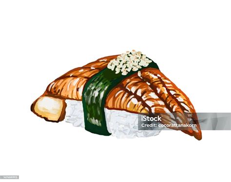 흰색 배경에 격리된 해초가 있는 일본 초밥 뱀장어를 위한 수채화와 그림 일본 요리 음식 그림의 디지털 그림입니다 지역 식품 개념입니다 슬라이스에 대한 스톡 벡터 아트 및