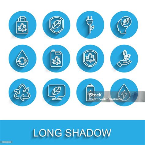 라인 재활용 기호 설정 잎이 있는 위치 종이 봉지 재활용 배터리 물 에너지 에코 연료 용기 손에 있는 식물 및 내부 방패 아이콘