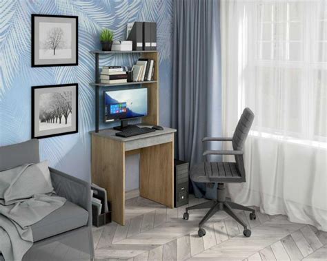 Компьютерный письменный стол с надстройкой для учебы школьника дуб серый маленький компактный