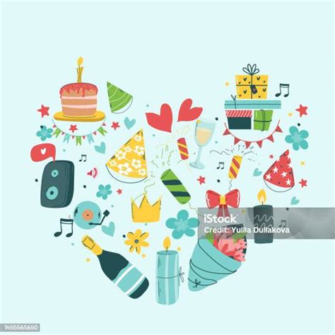 생일 파티 고립 된 요소는 하트 모양으로 설정됩니다 손으로 그린 삽화 인사말 카드 초대장 디자인 요소 양초 풍선이있는 케이크 휴일 축하 파티 장식 손으로 쓴 글자 0명에
