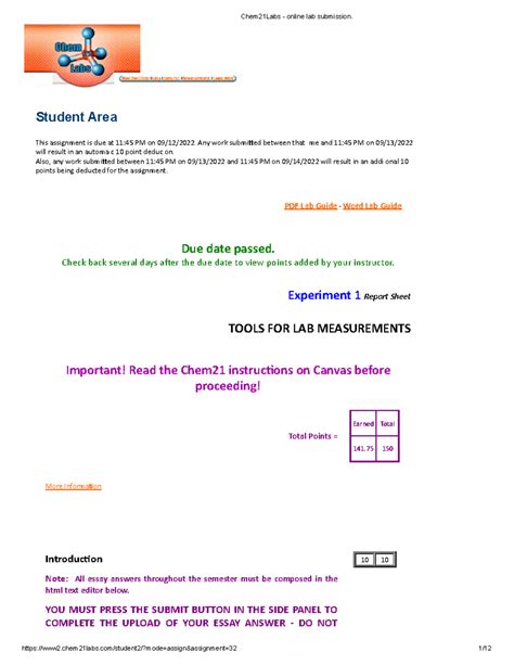 Experiment 1 Tools For Lab Measurements Chem21labs Online Lab Submission About