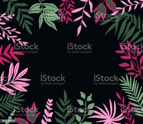 열 대 잎입니다 스 칸디 나 비아 스타일에서 벡터 프레임입니다 손으로 그린 배경입니다 핑크 마젠타 및 녹색 색상 텍스트에 대 한