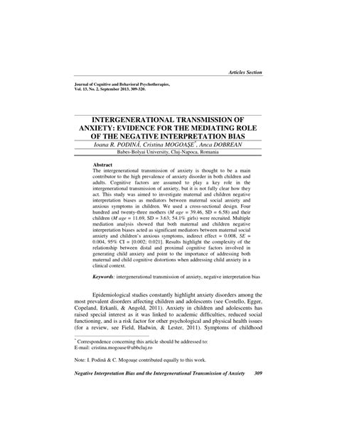 Pdf Intergenerational Transmission Of Anxiety Evidence For The
