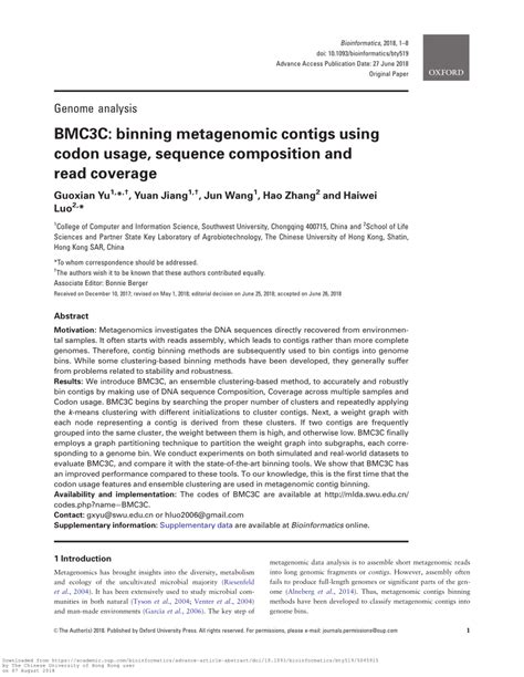 Pdf Bmc3c Binning Metagenomic Contigs Using Codon Usage Sequence Composition And Read Coverage