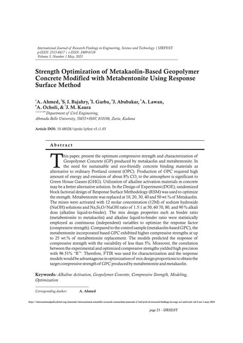 Pdf Strength Optimization Of Metakaolin Based Geopolymer Concrete Modified With Metabentonite
