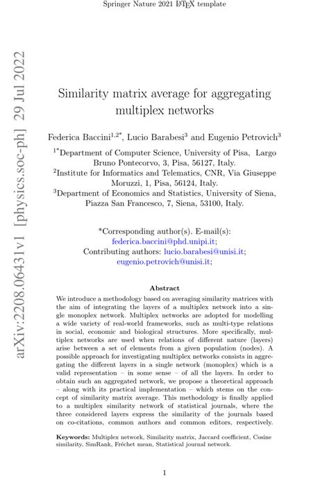 Pdf Similarity Matrix Average For Aggregating Multiplex Networks