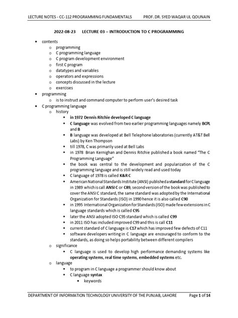 Lecture 03 Bscs Pdf C Programming Language Integer Computer Science