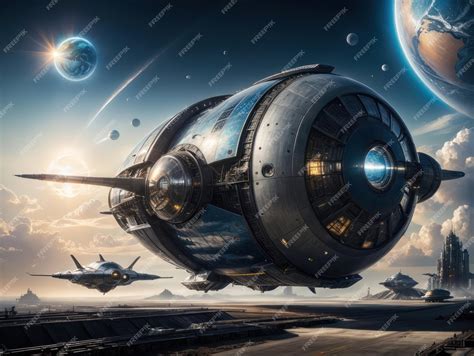 Premium Photo Futuristic Spaceships At An Intergalactic Port