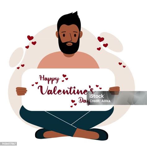 한 남자가 다리를 꼬고 앉아 세인트 발렌타인 데이를 축하하는 큰 카드를 들고 있습니다 기념일에 대한 스톡 벡터 아트 및 기타 이미지 기념일 남자 친구 로맨스 Istock