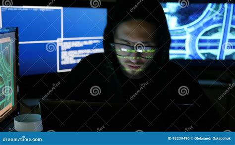 Cyber Security Center Filled With Display Screens Male Hacker Working On Computer It
