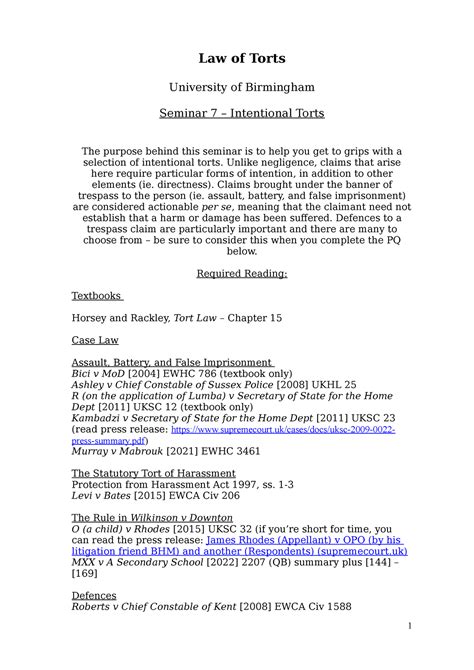 Law Of Torts University Of Birmingham Seminar 7 Intentional Torts Studocu