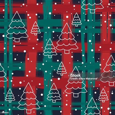 빨간색과 녹색 체크의 체크 무늬 패턴의 배경에 흰색 크리스마스 트리 붓놀림의 추상 크리스마스 체크 무늬 패턴 원활한 패턴입니다 포장지 및 직물에 적합합니다 크리스마스에 대한