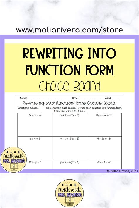 Rewriting Into Function Form Choice Board Worksheet Algebra Resources Choice Boards Math