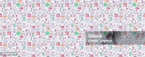 트렌디 한 선형 스타일로 쇼핑을위한 디자인 템플릿 및 요소의 벡터 세트 쇼핑과 관련된 선형 아이콘이있는 원활한 패턴 벡터 소매