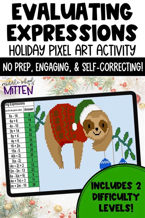 Winter Holiday Sloth Evaluating Expressions Pixel Art Mystery Picture