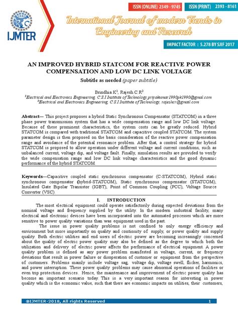An Improved Hybrid Statcom For Reactive Power Compensation And Low Dc Link Voltage Pdf High