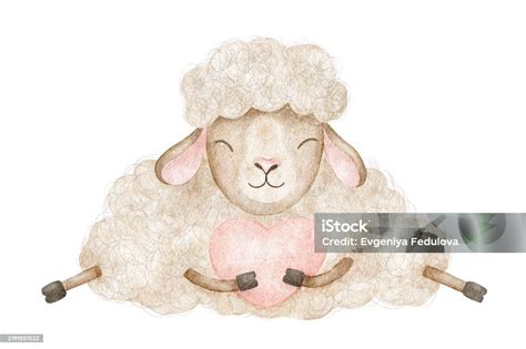 마음을 안고 있는 양 귀여운 잠자는 양고기 캐릭터 고립 된 손으로 그린 아기 수채화 그림 발렌타인 데이 카드 포스터 Love Concep의 클립아트 2월에 대한 스톡 벡터